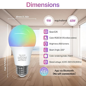 ORALUCE Bluetooth Smart Light Bulb A19 E26,9W LED Light Bulb Color Changing APP Dimmable, 60W Equivalent RGBCW LED Bulb 900 Lumens Multicolor,1P (No WiFi Connection)