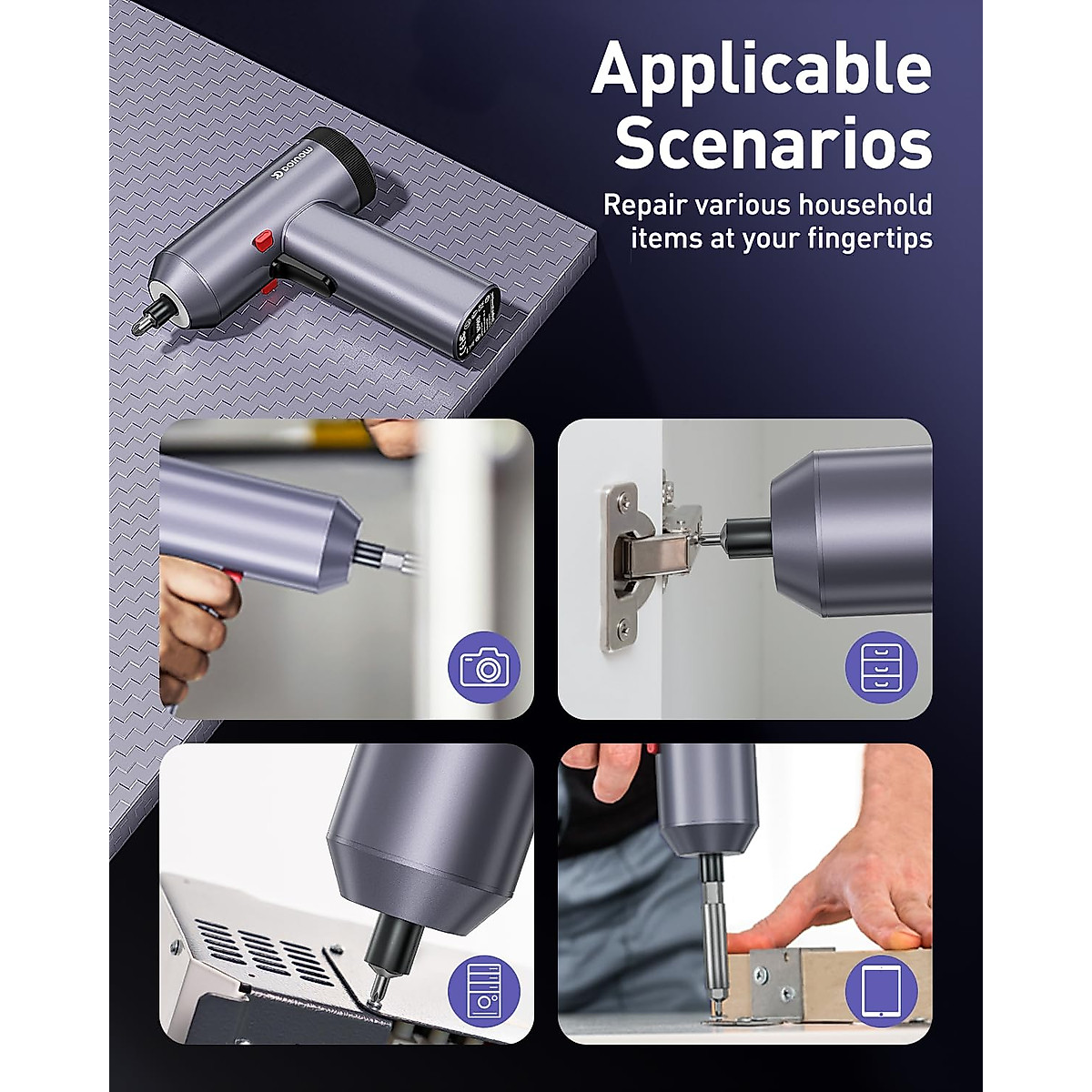 Electric Cordless Screwdriver with LED Display, 6 Torque Small Power Screwdriver, 30 Magnetic Bits, LED Light, 2200mAh USB Rechargeable Lithium-ion Battery for Home, Office, Apartment Repair - Purple