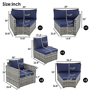 YSWH 9-Piece Outdoor Half Moon Sofa Set, Rattan Patio Furniture Half Round Sofa Set with Overlapping Round Table, Sectional Conversational Sofa Set for Free Combination, 1