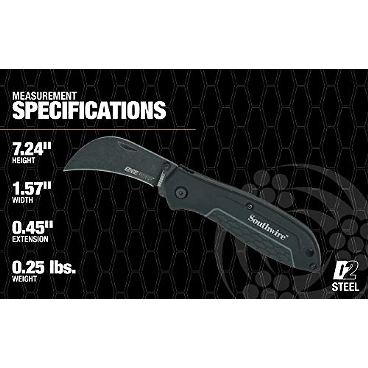 Southwire HBKND2 Edgeforce Hawk Bill Pocket Knife; 2.6" blade; D2 Steel; Stonewash Black Oxide Finish For Corrosion Resistance- Curved Blade For Pull Cuts And Splicing