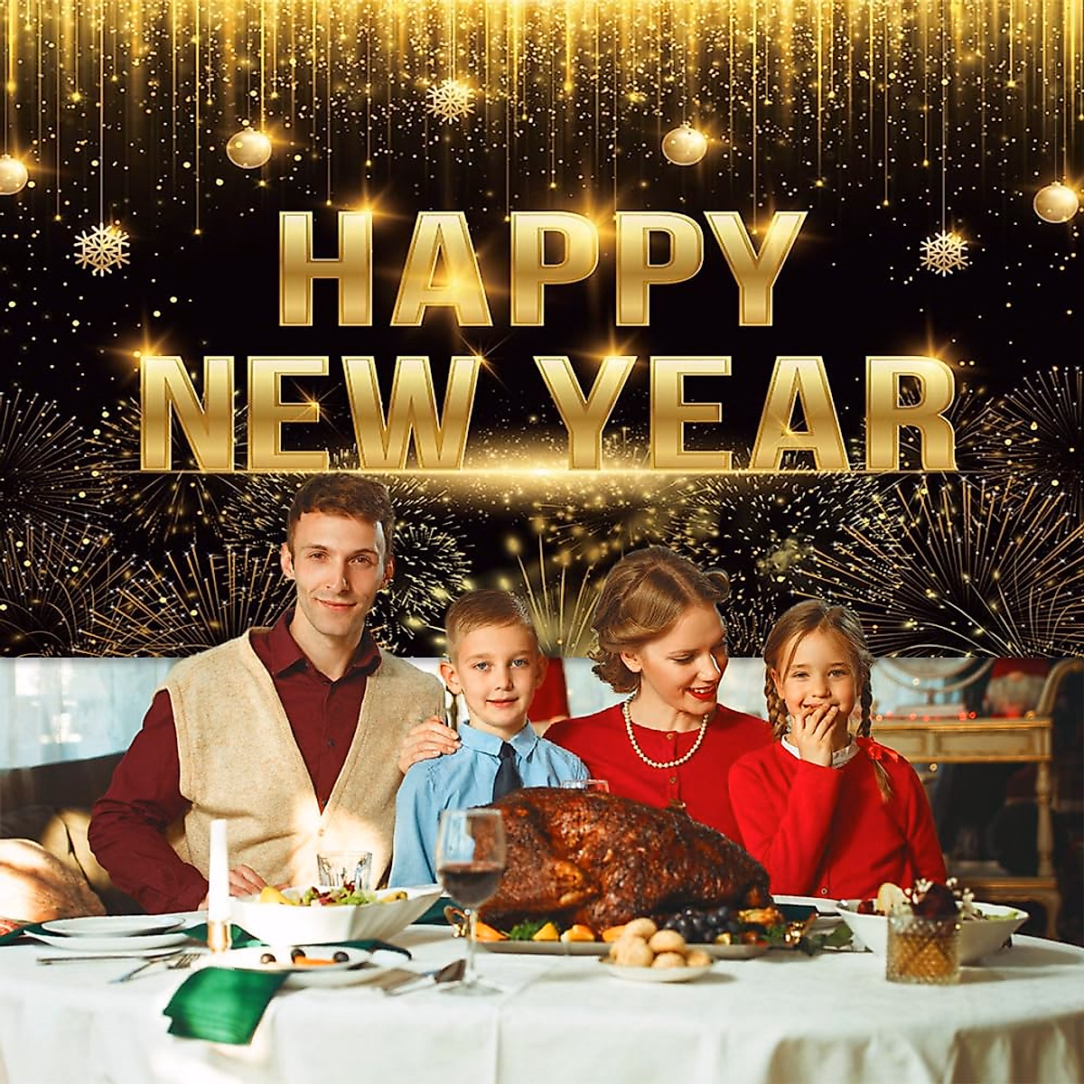 AIBIIN 7x5ft Happy New Year Backdrop Black Gold Glitter Bokeh Fireworks Photography Background Golden Sparkle Spots 2025 New Year Party Decoration Photo Studio Booth Props