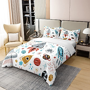 Erosebridal 100% Organic Cotton Outer Space Duvet Cover Full,Kids Boys Space Ship Rocket Bedding Set,Cartoon Universe Stars Planet Comforter Cover,Cosmos Meteorite Bed Sets with 2 Pillow Cases