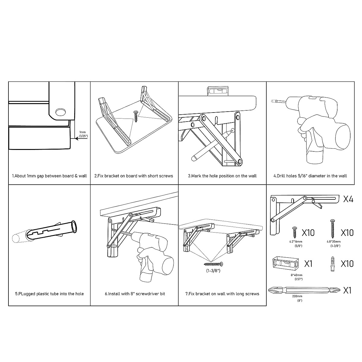 MySit 16" Folding Shelf Brackets 4 PCS, Max Load 550lb Heavy Duty Stainless Steel DIY Collapsible Wall Mounted L Shelf Bracket Space Saving for Table Work Bench