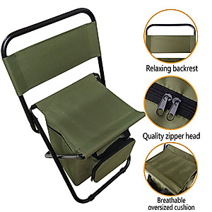 Kingmodern Portable Lightweight Camping Chair Outdoor Small Stool Folding Waterproof Oxford Fabric Backrest Chair Hold up 13 L Cooler Bags Suitable for Fishing,Hiking,Picnic,Travel BBQ(ArmyGreen)