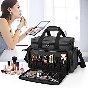 BAFASO Large Makeup Bag Cosmetic Bag with Removable Dividers, Travel Makeup Case Holds Cosmetics and Hair Supplies, Black