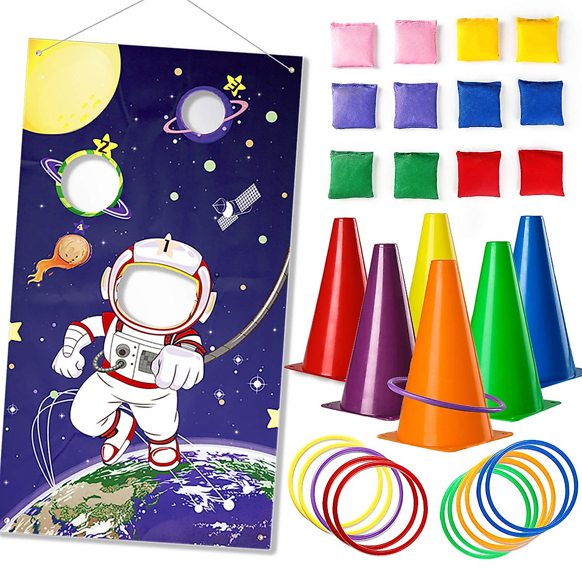 NONZERS Carnival Games Set, 4 in 1 Bean Bags Ring Toss Game with 12 Bean Bags, 12 Ring Toss, 6 Plastic Cones and One Toss Banner for Kids Birthday Carnival Party Outdoor Indoor Games Supplies