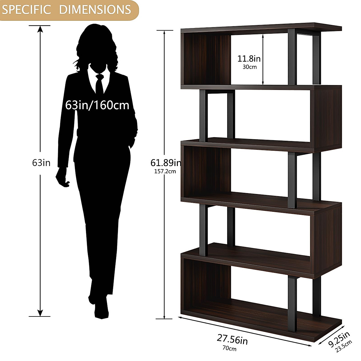 SORCEDAS Bookshelf Geometric Bookcase S Shaped Industrial Bookshelf Storage Display Stand Shelf for Living Room Bedroom and Office Room (Black, 5 Tier)