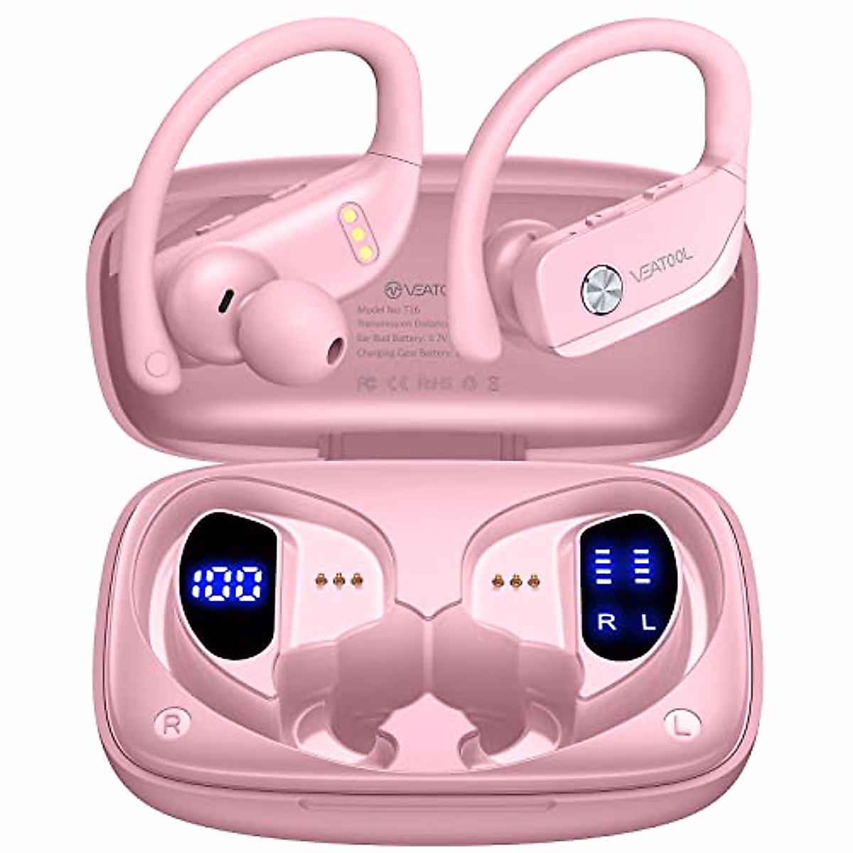 Wireless Earbuds Bluetooth Headphones 48hrs Play Back Sport Earphones with LED Display Over-Ear Buds with Earhooks Built-in Mic Headset for Workout Pink BMANI-VEAT00L
