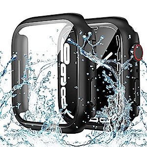 Goton Waterproof Case Compatible with Apple Watch 44mm SE (2nd Gen) Series 6 5 4 with Tempered Glass Screen Protector, iWatch Full Protective Hard PC Bumper Case Face Cover for Men Women 44 mm Black