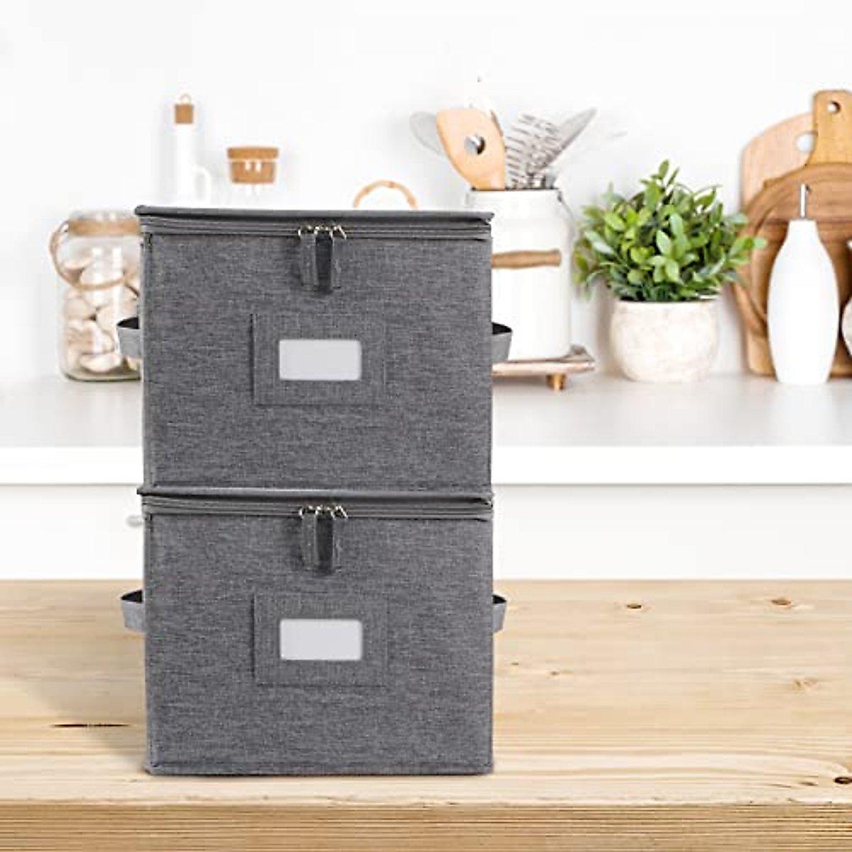 popoly China Storage Containers Inside 12" W x 8" H, Dinnerware Storage Box for Dishes Plate Storage with 24 Felt Dividers, Hold 24 Plates, Hard Shell and Stackable (2 Pack Grey)