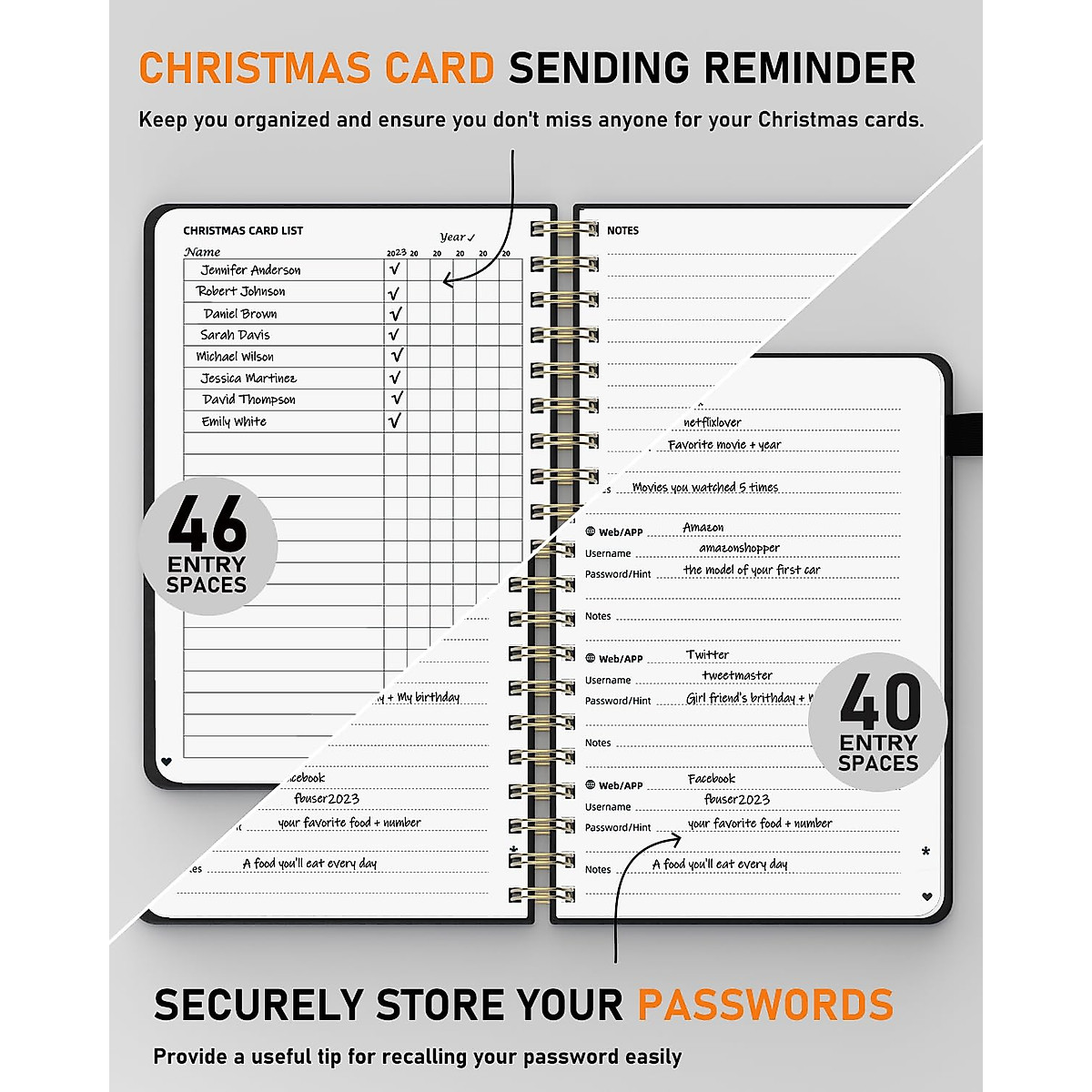 WEMATE Spiral Address Book with Alphabetical Tabs, Leather Password Book, Address Organizer Telephone Notebook Journal Keep Contact Safe Hardcover Large Print for Seniors Home Office 5.8″×8.2″, Black