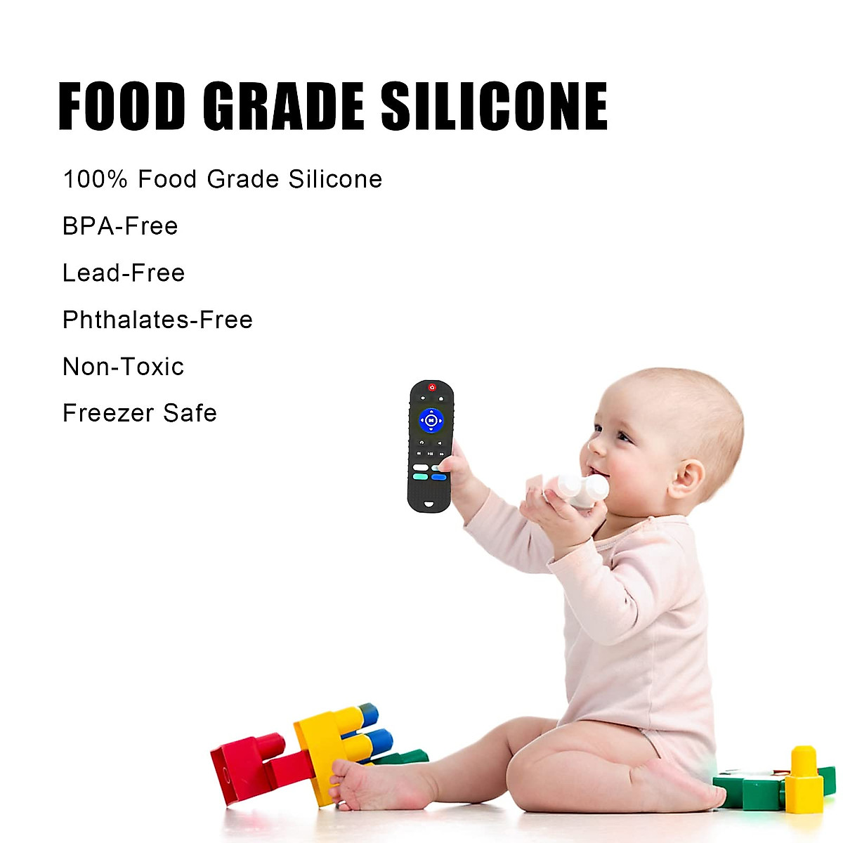 Silicone Baby Teething Toy Remote Control Shaped Baby Teether with a Cute Pacifier Clip Chain Soft Baby Chew Toys Early Sensory Education Molar Toy for Babies 3-18 Months (Black)