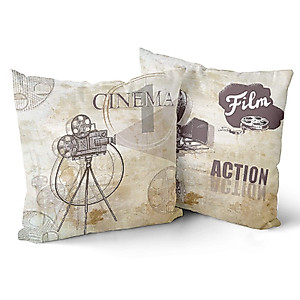 2PCS Vintage Cinema Pillow Cover The Film Lapper Board Printed Decorative Throw Pillow Case Movie Theater Style Pillowcase Filmstrip Clapboard Projector Printed Pillow Cushion Case 18x18