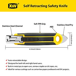 XW Self Retracting Safety Utility Knife, Auto Retractable Box Cutter of Assorted Colors, Extra 10 Blades Included, 3-Pack