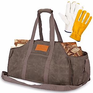 Longridge Extra Large Firewood Log Carrier Bag Tote with Leather Gloves. Durable Waxed Canvas,Handles and Shoulder Strap. Home,Camping or Gift,Grey Waxed Canvas,24 x12x12.6