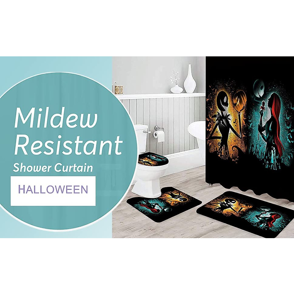 NEWSUYAA Halloween Decorations Shower Curtain Set with Non-Slip Rugs and Bath Mats,Nightmare Before Christmas Bathtub Curtains with 12 Hooks,Waterproof Bathroom Decor