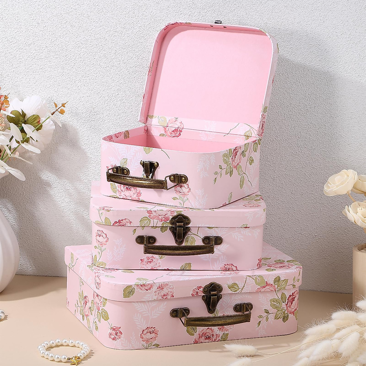 HOMSFOU 3Pcs Paperboard Suitcases Set of 3 Print Doll Clothes Storage Decorative Gift Box Small Party Favor Boxes for Wedding Bridal Shower