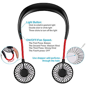 Hand Free USB Personal Fan Rechargeable Mini LED Neck Fan Headphone Design Sports Fan Heads Rotatable Neckband Fan, 2000mAh, 3 speeds, Quiet, Portable for Office Reading Travel Camping (Black)