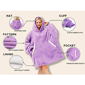 Kipswiza Oversized Wearable Blanket Sherpa Fleece Thick Warm Hoodie Blanket Big Hooded Sweatshirt Hoodie Blanket for Women Mom Sister Girls Teens Men, Purple