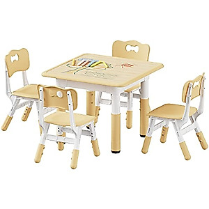 Brelley Kids Table and 4 Chairs Set, Height Adjustable Toddler Table and Chair Set, Graffiti Desktop, Classroom/Daycare/Home, Children Multi-Activity Table for Ages 2-10