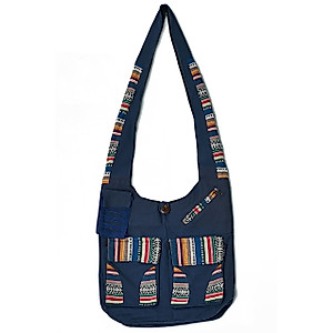 Navy Blue Cross Body Shoulder Bag with Woven Tribal Accent Design Large