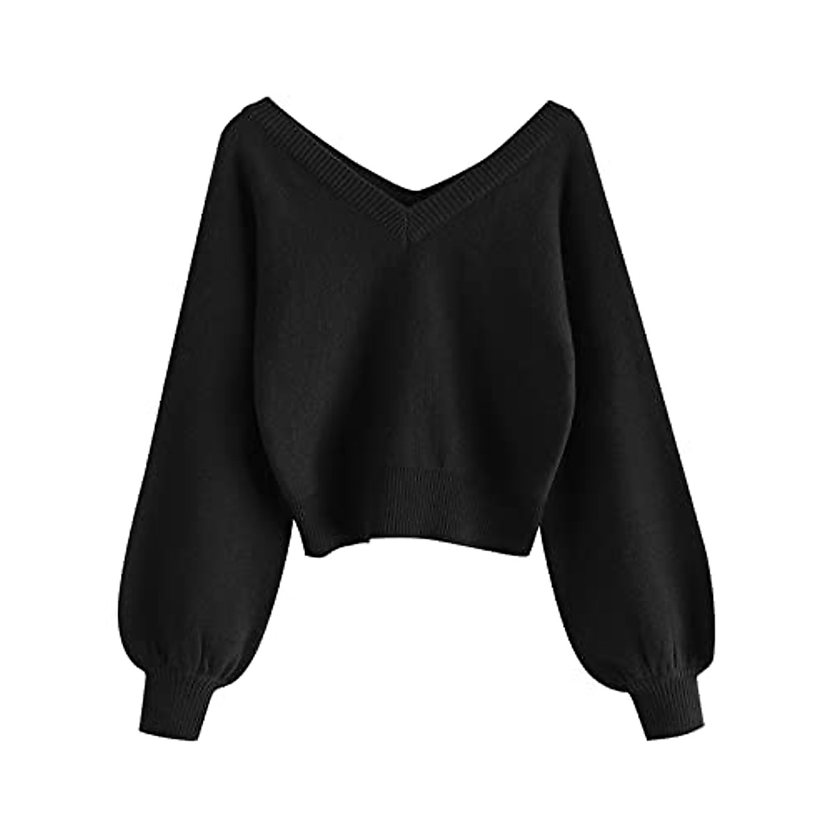 ZAFUL Women's Raglan Long Sleeve Double Side V Neck Short Sweater Casual Solid Cropped Knit Top Pullovers Black