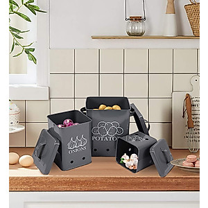 Xbopetda Food Storage Container for Potato, Onion and Garlic, Canister Sets for Kitchen Counter, Square Vegeatable Storage Pots, Kitchen Storage Jars with Aerating Tin Storage Holes & Lid-Gray