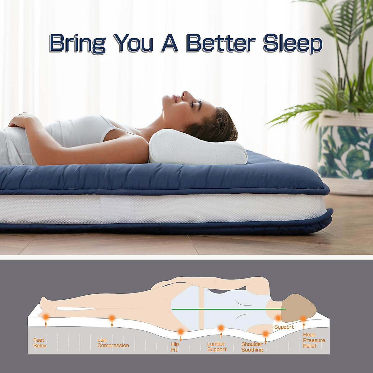 Syalife Japanese Futon Mattress Floor Mattress, 4" Thicken Roll Up Tatami Mat, Foldable & Portable Floor Bed Sleeping Pad, Traditional Shiki Futon (shikibuton), Design by Japan (Navy Blue, 54 * 80)