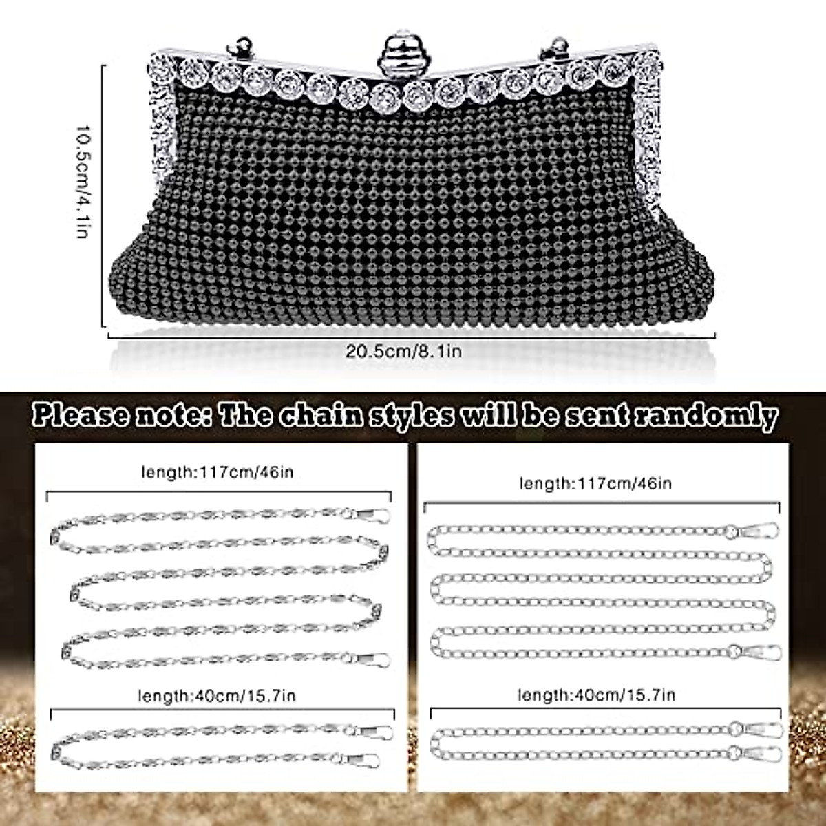 SelfTek Black Clutch Purses Evening Bag for Women, Sparkly Rhinestone Purses Crystal Bag with Short & Long Chain for Women Wedding Prom Party