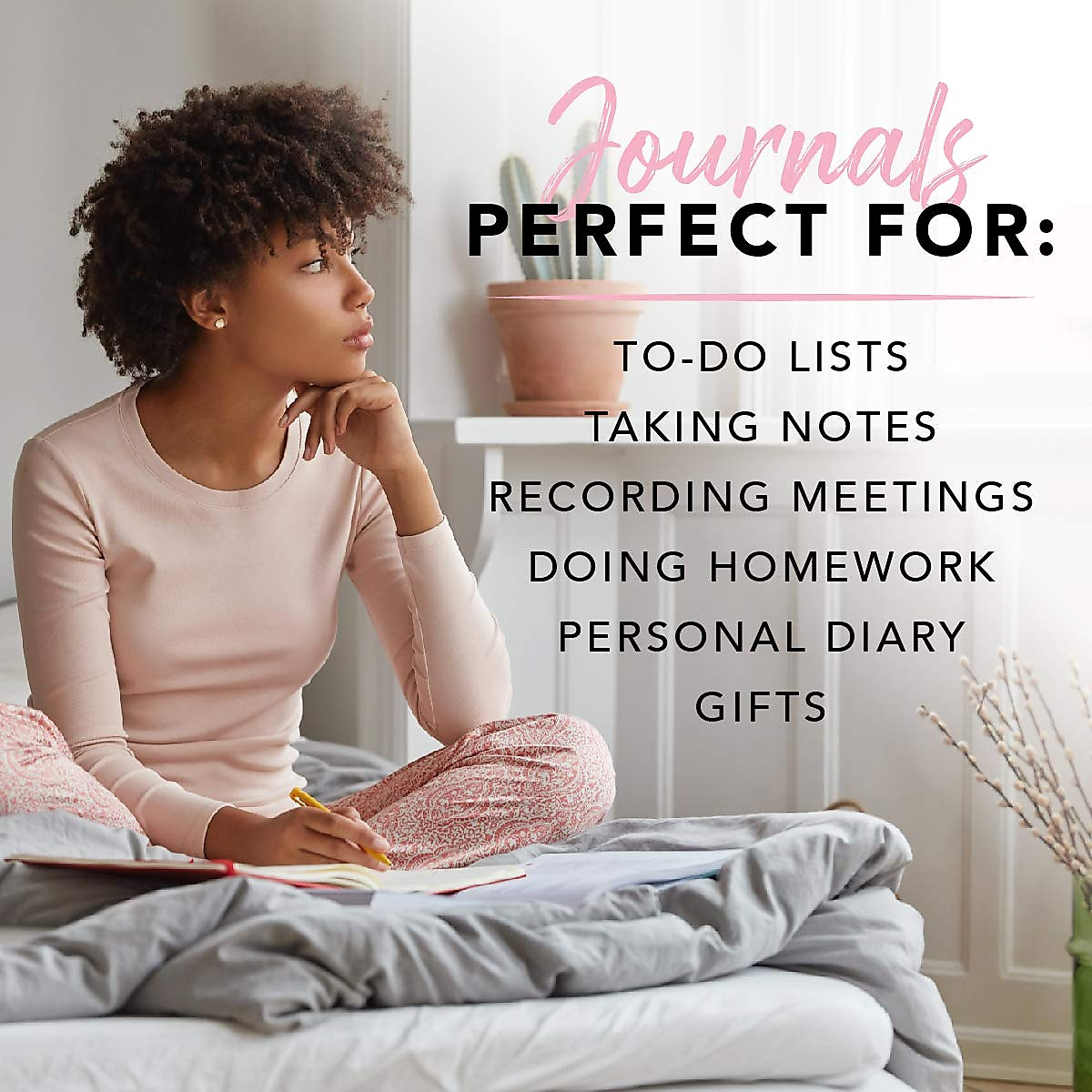 Graphique Classic Charm Hard Cover Journal w/ Elegant Black and White Stripes & "Happy Thoughts" in Embellished Gold Foil Across the Cover, 160 Ruled Pages, 6.25" x 8.25" x 1"