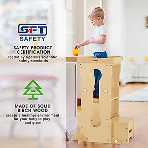 Bateso Toddler Standing Tower, Adjustable Height Toddler Kitchen Stool Helper for Kids 1-6, Toddler Kitchen Step Stool with 2 Detachable Nets, Wooden Montessori Toddler Tower for Kitchen Counter