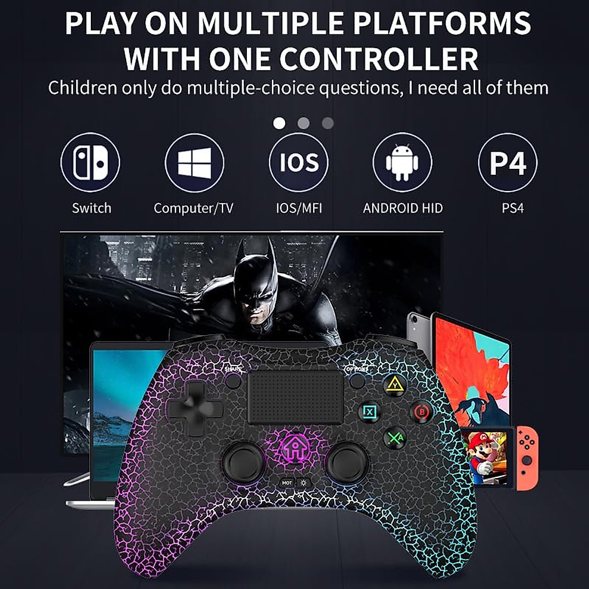 RALAN Wireless Controller with 8 Color Adjustable LED Lighting Compatible with PS4 Pro/PS4 Slim/PS3/PC/IOS/Nintendo Switch/PS4 Controller Dualshock 4, with Headphone Jack for FPS Game （Black）