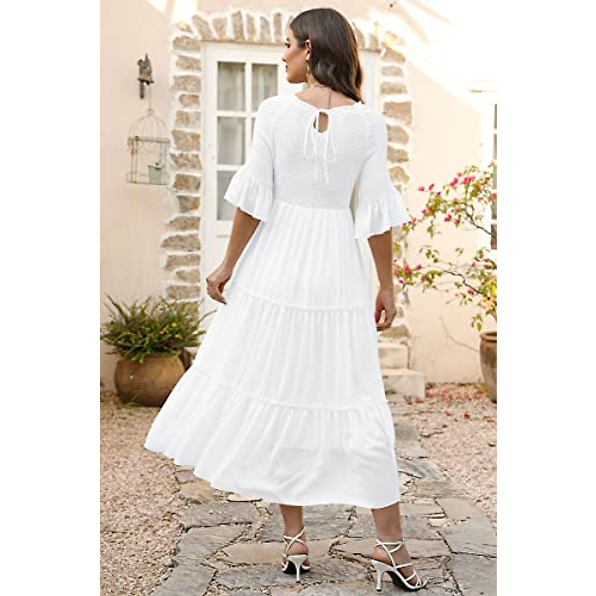 LILLUSORY Womens Summer Dresses Graduation Bridal Shower Flowy Smocked Ruffle Boho Modest 2023 Long Sundresses Trendy Casual Sun Dress with Sleeves White