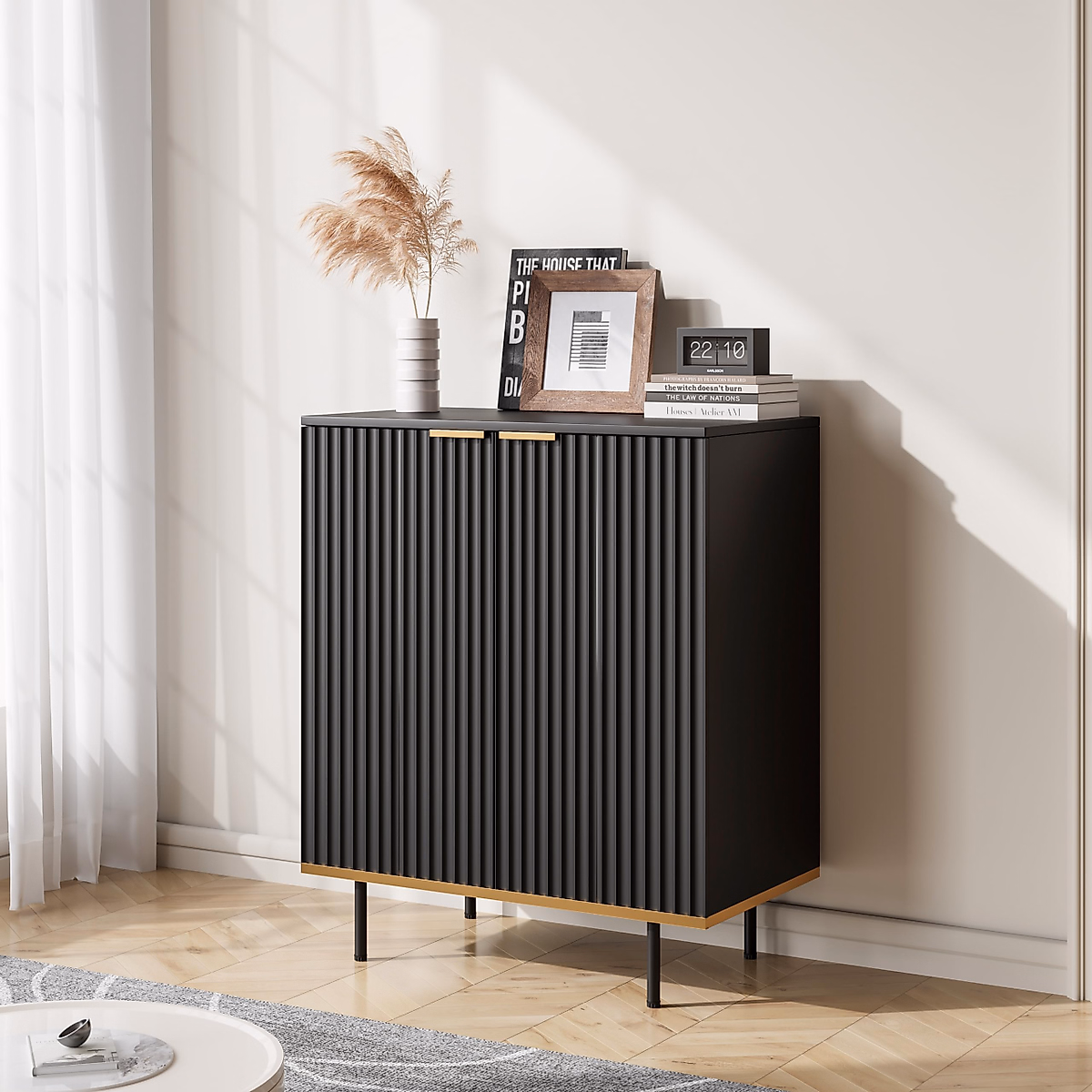 Fluted Buffets & Sideboards, Sideboard Cabinet, Elegant 2 Door Design Black Sideboard - Acceent Cabinet Ideal for Dining Room and Kitchen Storage 31.4 inch