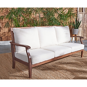 SAFAVIEH Couture Home Collection Payden Natural Wood/Beige Cushion 3-Seat Outdoor Patio Sunroom Porch Backyard Veranda Sofa
