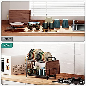 GSlife Dish Drying Rack, 2 Tier Rust-Resistant Dish Rack with Drainboard Compact Dish Drainer with Utensil Holder, Cutting Board Holder for Kitchen Counter, Black