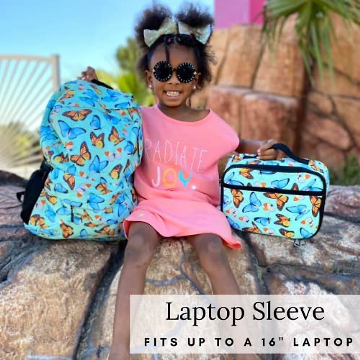 Fenrici Kids Backpack and Lunchbox Bundle for Girls, Boys, Teens (Green Butterfly)