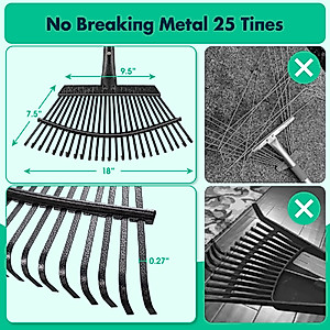 Rake - 65 Inch Long Garden Leaf Rake, 18 Inch Wide Heavy Duty Leaf Rake for Shrub with 25 Metal Tines,Yard Thatchibng Rake with Ergonomics Adjustable Handle for Picking Leaves,Grass ClippingsGarbage