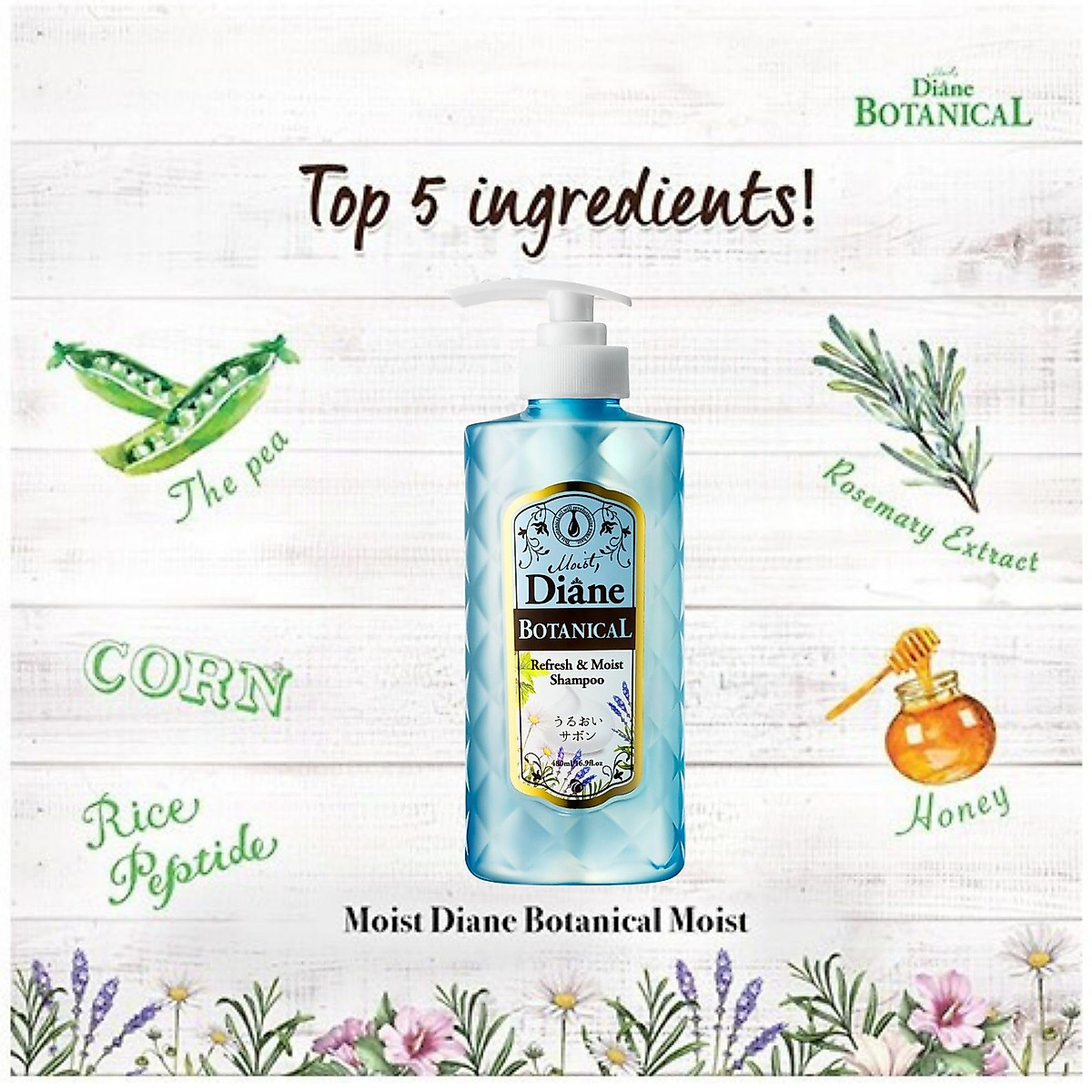 Moist Diane Natural & Organic Moisturizing Hair & Scalp Shampoo with Pump for Women & Men for Dry & Damaged Hair, Japanese Hydrating Botanical Refresh & Moist Haircare Products, 16.2 Fl Oz/480ml