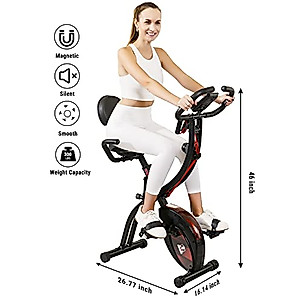 HAPBEAR Folding Exercise Bike Magnetic Foldable Stationary Bike, 3 in 1 Mode Indoor Upright Fitness Workout X-Bike with 8-Level Resistance and Arm Resistance Band, Pulse Sensor,LCD Monitor