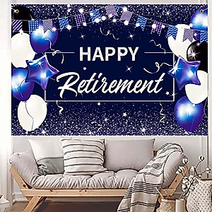 P.G Collin Happy Retirement Banner Backdrop Sign Retirement Going Away Party Decorations Supplies for Men Women 6 x 4ft, Blue White Retirement