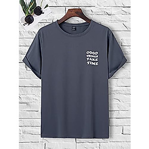 GORGLITTER Men's Novelty Casual Letter Graphic Crewneck T-Shirt Half Sleeve Oversized Tee Top Dark Grey Floral & Slogan Large