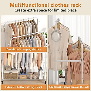 Laiensia Double Rods Garment Rack with Wheels, Clothing Rack for Hanging Clothes,4 Hooks, Multi-functional Bedroom Clothes Rack, White