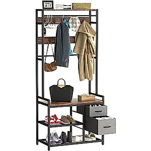 DDJ Hall Tree with Bench and Shoe Storage, Entryway Bench with Coat Rack with Shoe Storage, 7-in-1 Entryway Coat Rack with Hooks and Hanging Rod, 11.8 x 33.1 x 70.9 in, Rustic Brown and Black