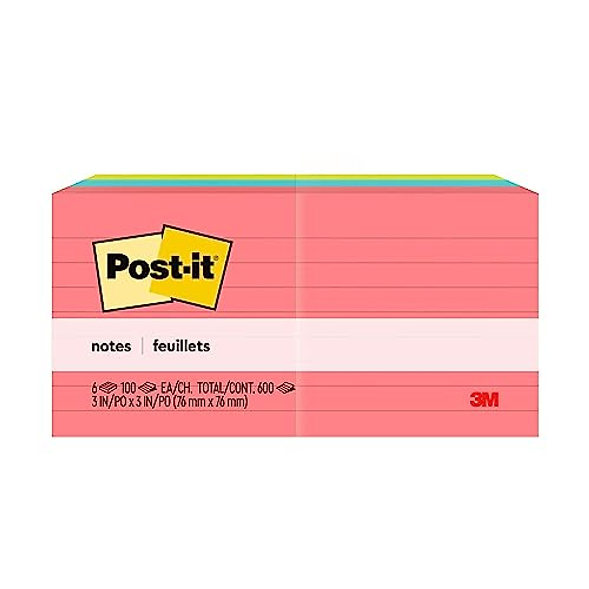 Post-it Notes, 3x3 in, 6 Pads, America's #1 Favorite Sticky Notes, Poptimistic Collection, Bright Colors (Magenta, Pink, Blue, Green), Clean Removal, Recyclable (630-6AN)
