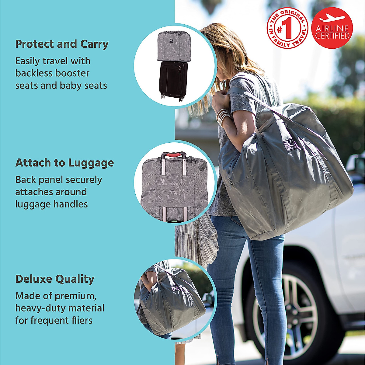 J.L. Childress DELUXE Go-Go Travel Bag for Backless Booster Seats and Compact Strollers - Fits gb Pockit and BabyZen Yoyo - Booster Seat Travel Bag - Grey