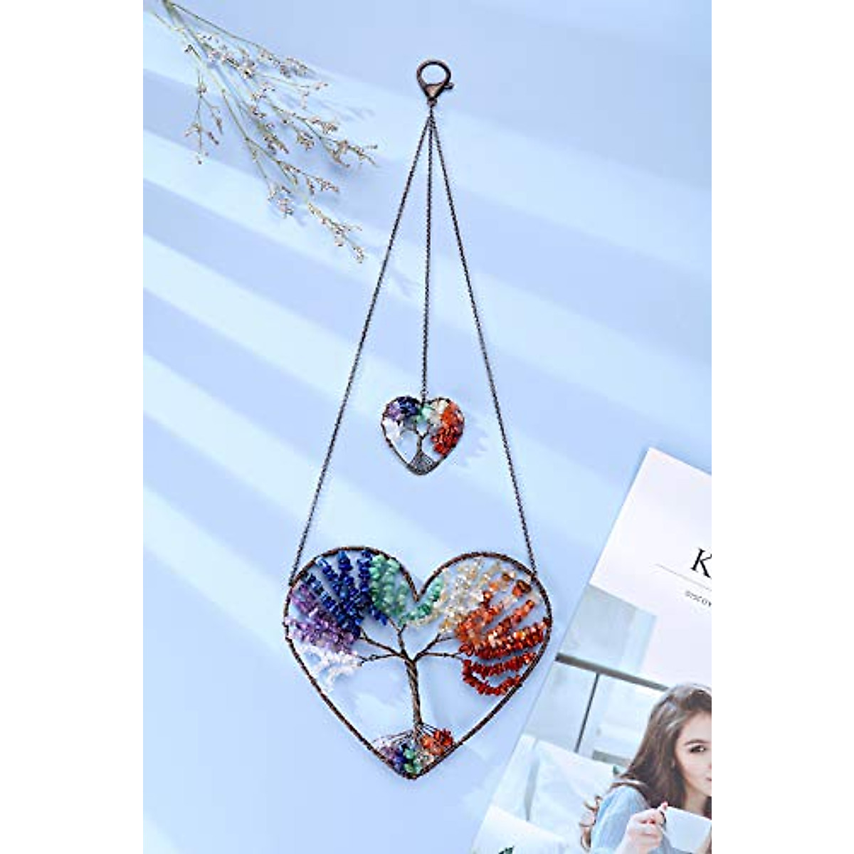 JOVIVI Double Heart Tree of Life Hanging Ornament 7 Chakra Reiki Healing Crystals Stones Gemstone Meditation Window Wall Hanger for Feng Shui Yoga Home Indoor Decor