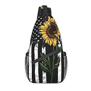 Sunflower And American Flag Crossbody Sling Backpack Shoulder Chest Urben Sling Bag Travel Hiking Chest Bag Daypack For Women & Men