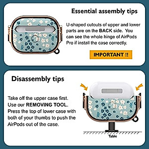 TATOFY case for AirPods Pro 2, AirPods Pro, Lock AirPod Pro 2 Case for Women, Flora Hard case with Carabiner, Support Wireless Charging, LED Visible (Cyan)