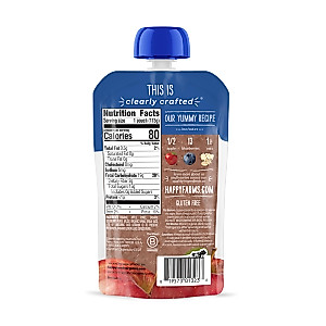 Happy Baby Organics Stage 2 Baby Food Pouches, Gluten Free, Vegan & Healthy Snack, Clearly Crafted Oat & Fruit Puree, Apples, Blueberries & Oats, 4 Ounces (Pack of 16)